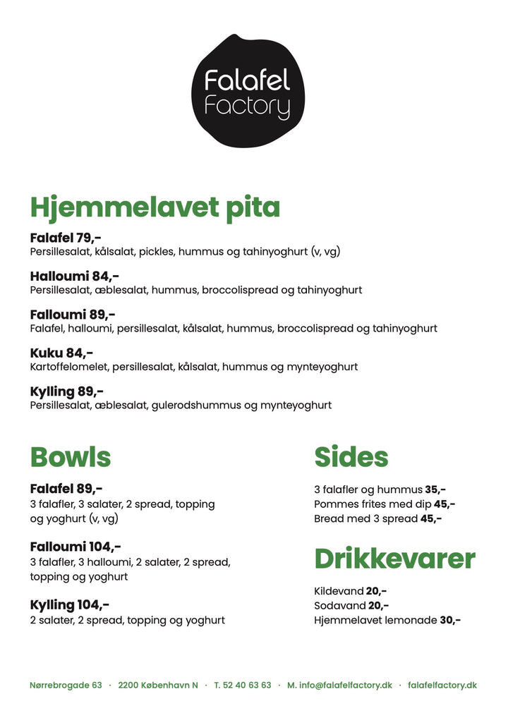 Menu – Falafel, pitaer & bowls i København | Falafel Factory Nørrebro